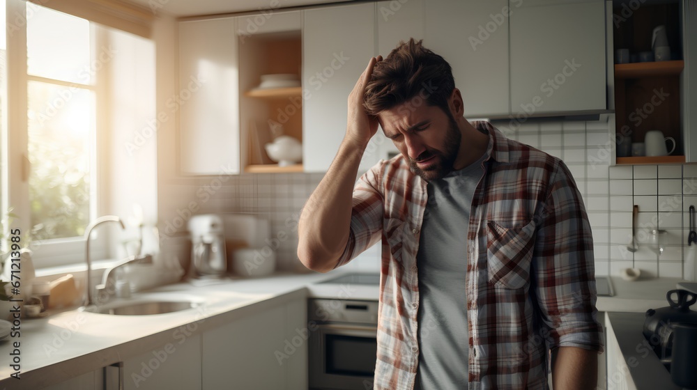 Frustrated, broken and headache overstimulated man standing in kitchen ...