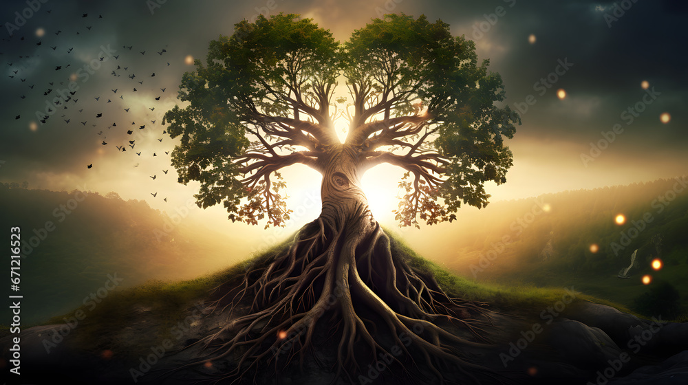 Tree of life with roots that reach into the heart of the earth, surreal ...