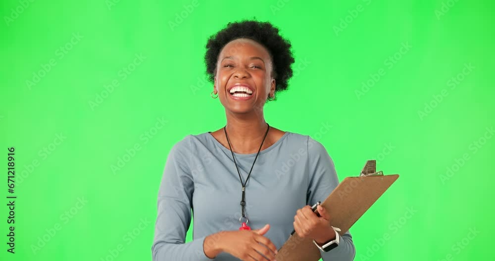 Green screen, woman face and sports coach with clipboard, welcome or ...
