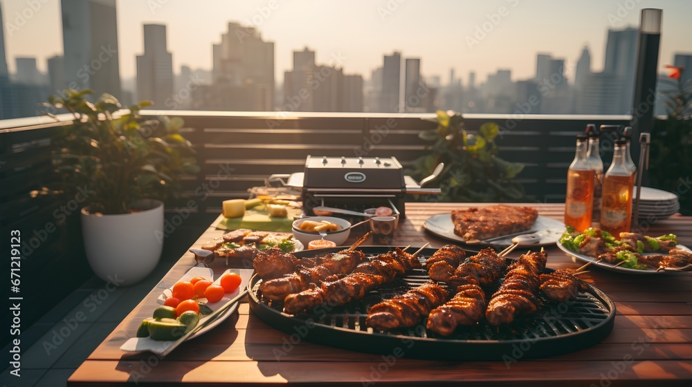 BBQ on lush green rooftop in a bustling urban city. Meat grill and ...