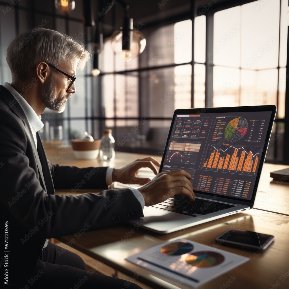 Businessman is immersed in his laptop, displaying a business analytics ...