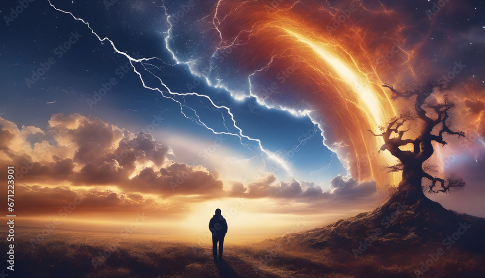 Storm, psychedelic tornado and lightning in the sky, man and tree in ...