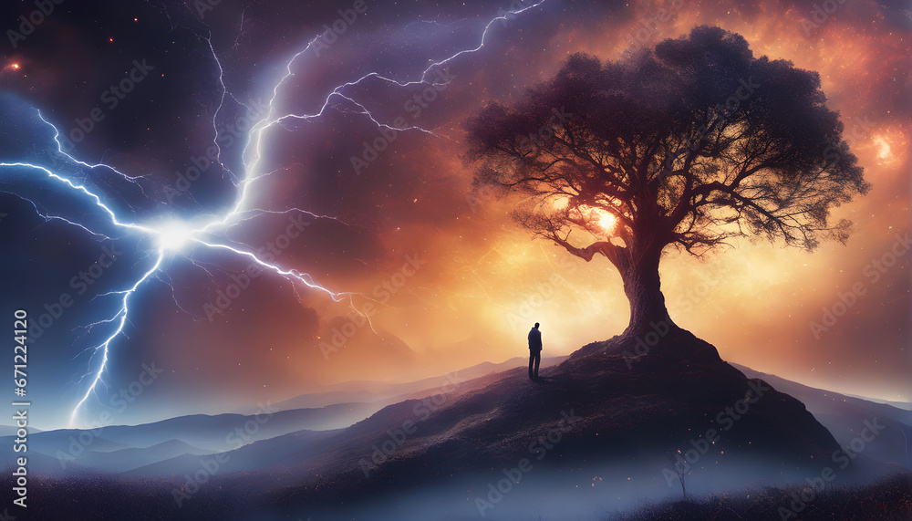 Storm, psychedelic tornado and lightning in the sky, man and tree in ...