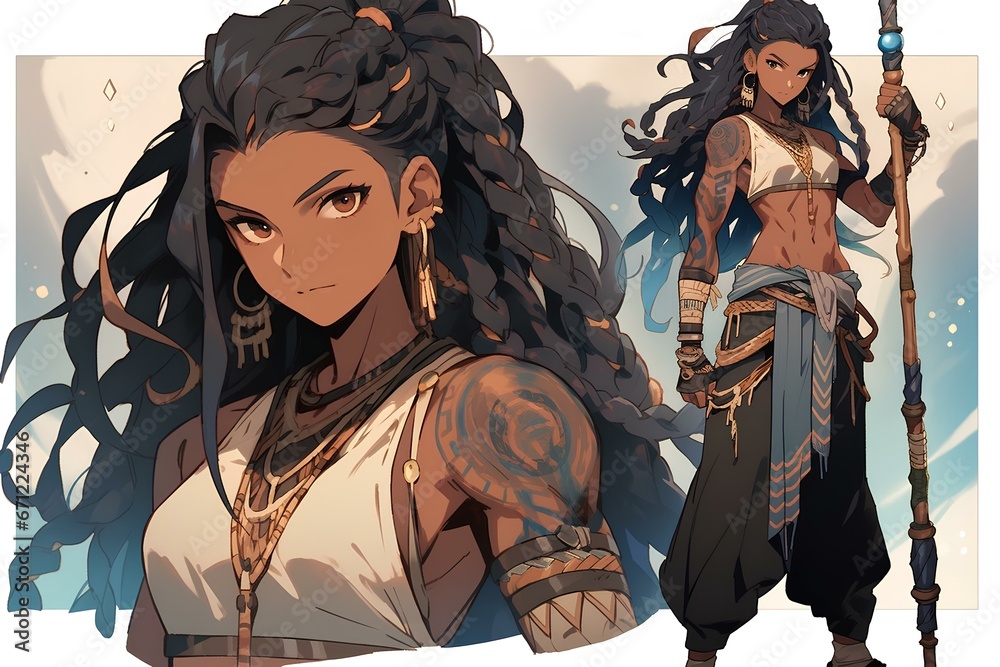 Full body tattooed muscular female monk with facial piercings, holding ...