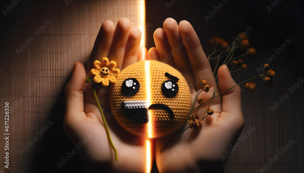 two hands holding crochet emojis. The left hand holds a smiling emoji ...