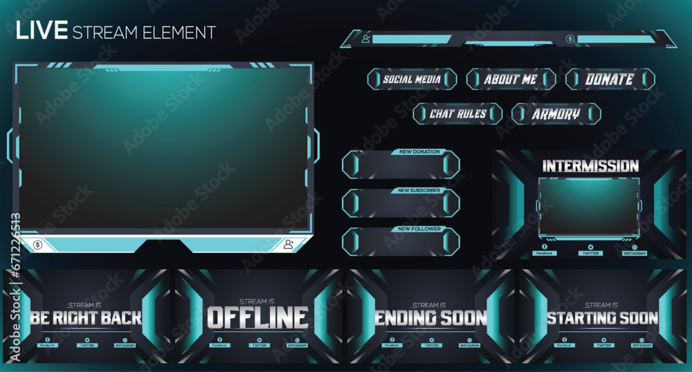 Live Gaming twitch stream light blue neon set of overlay, facecam ...