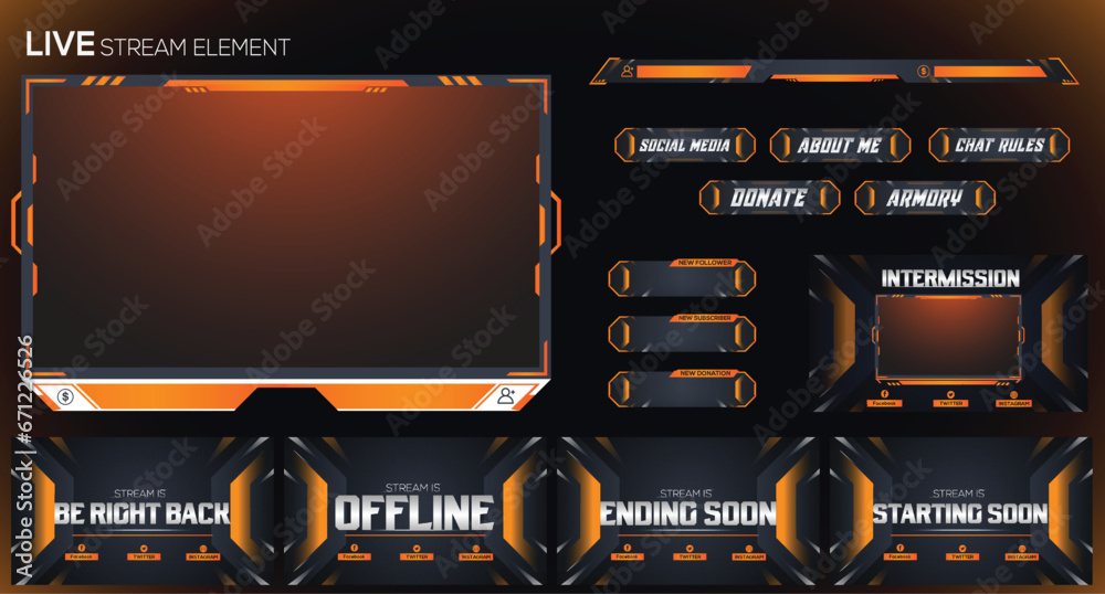 Live Gaming twitch stream orange abstract neon set of overlay, facecam ...