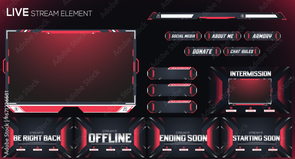 Live Gaming twitch stream red and black neon set of overlay, facecam ...