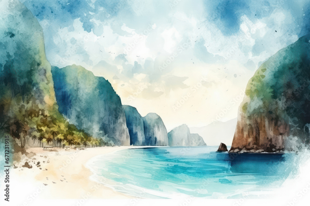 Watercolor drawing of Maya Bay beach in Thailand. Generative AI. Stock ...