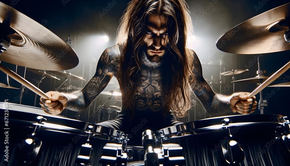Portrait of heavy metal tattooed drummer drumming at concert, hard rock ...