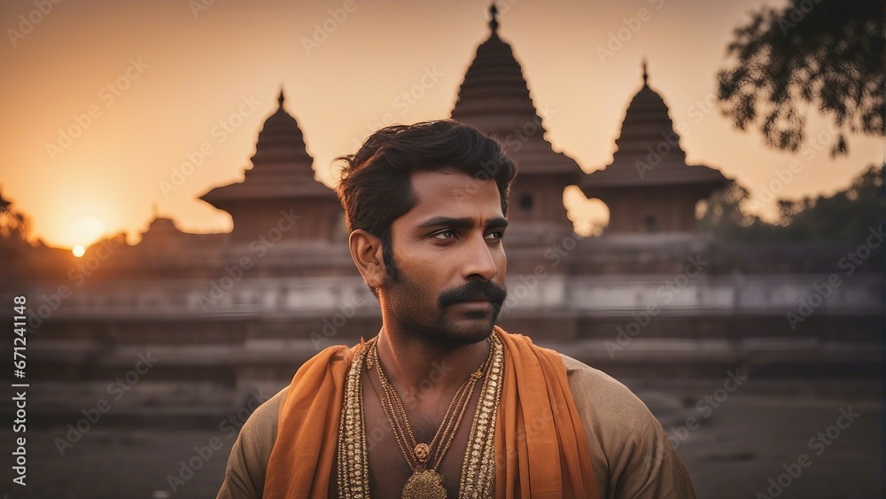 portrait of a Hindu man at sunrise in front of the temple, wearing ...