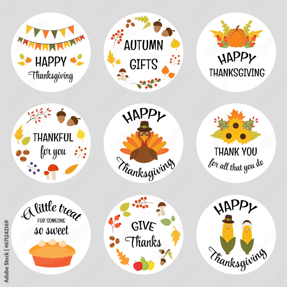 Set of Thanksgiving labels. Thanksgiving day printable tags, round ...