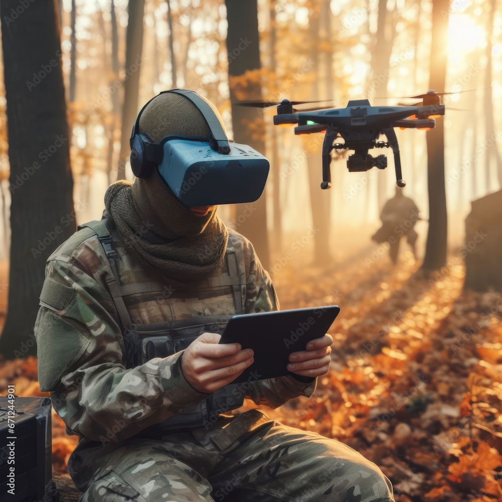 Military soldier controls drone for reconnaissance operation of enemy ...