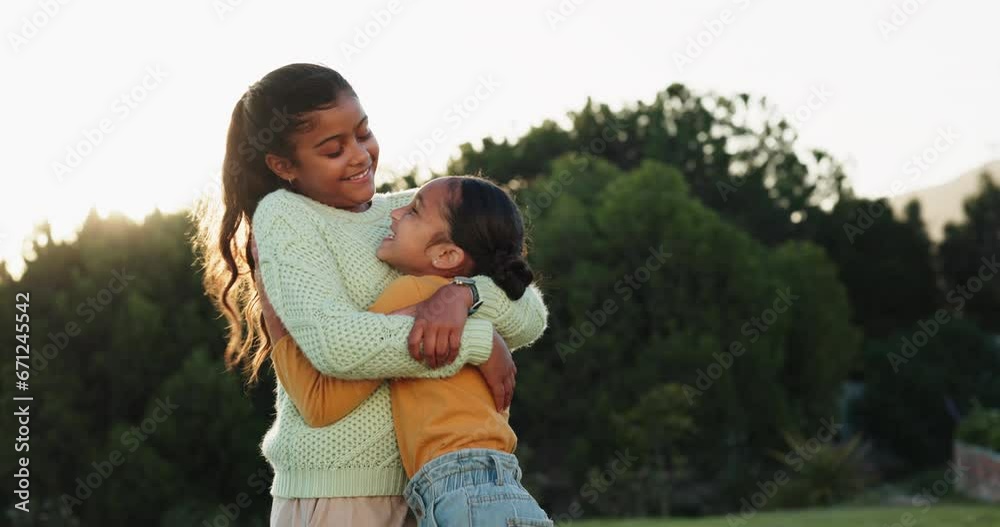 Love, hug and little sisters in nature, outdoor adventure and fun ...