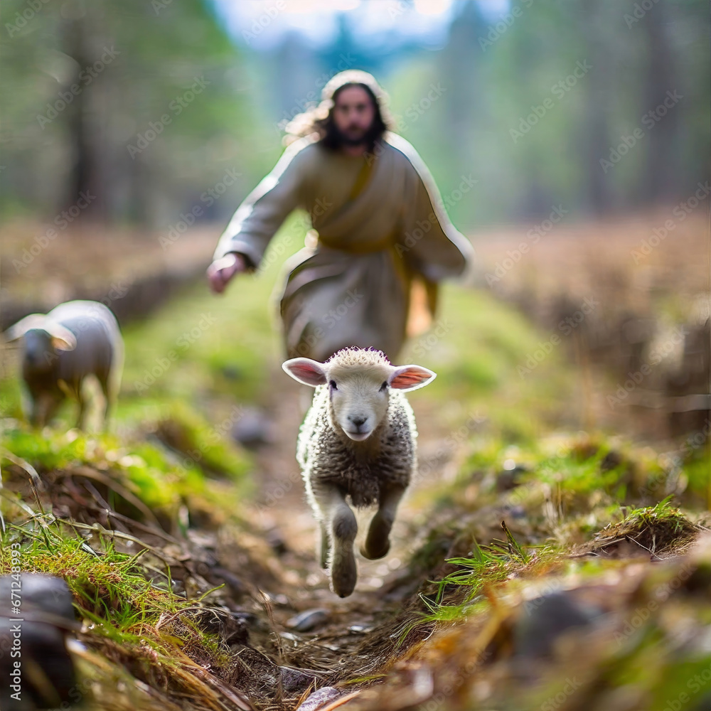 Jesus running after a lost sheep, religious concept Stock Illustration ...