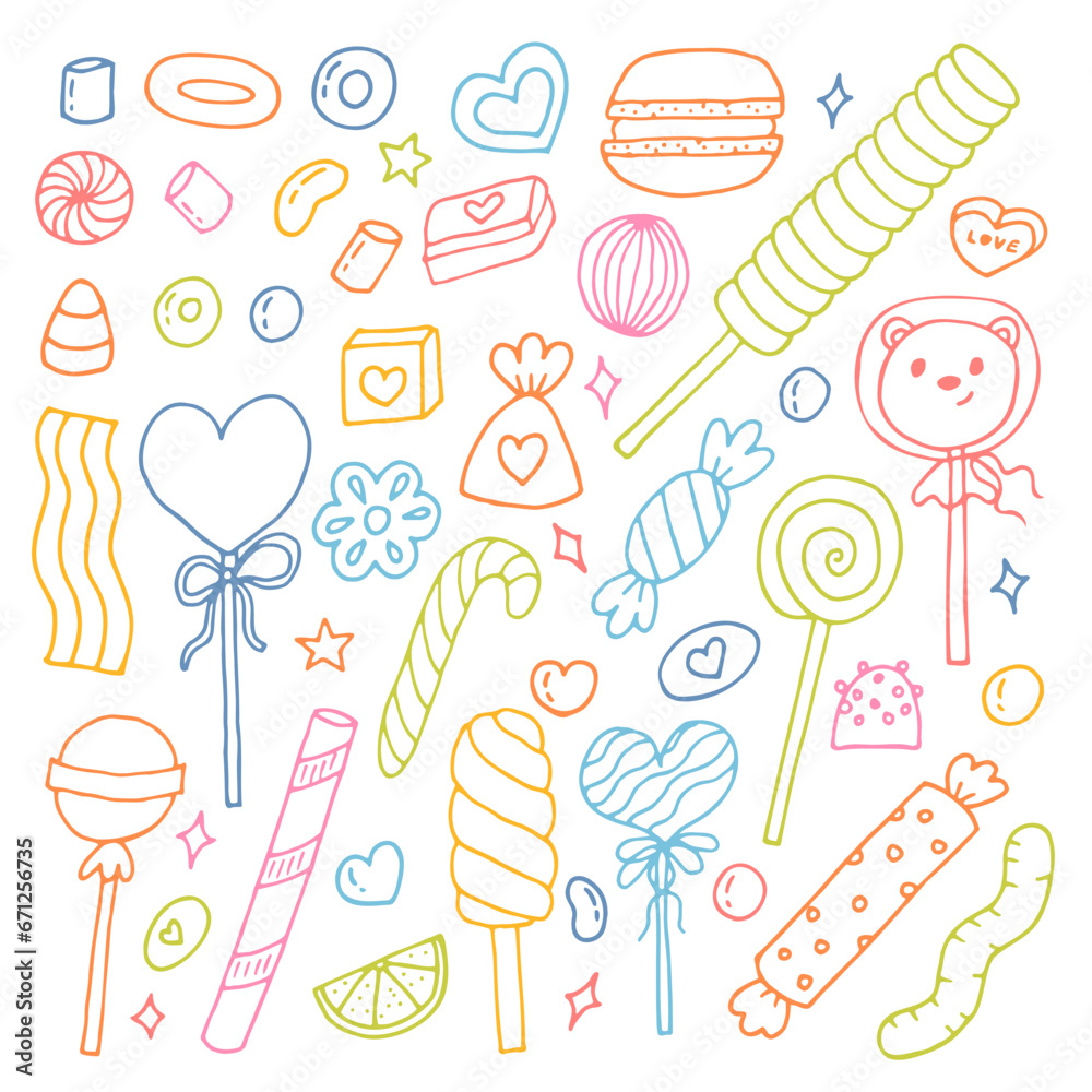 Hand drawn set of sweets and candies. Desserts, chocolate, macaroons ...