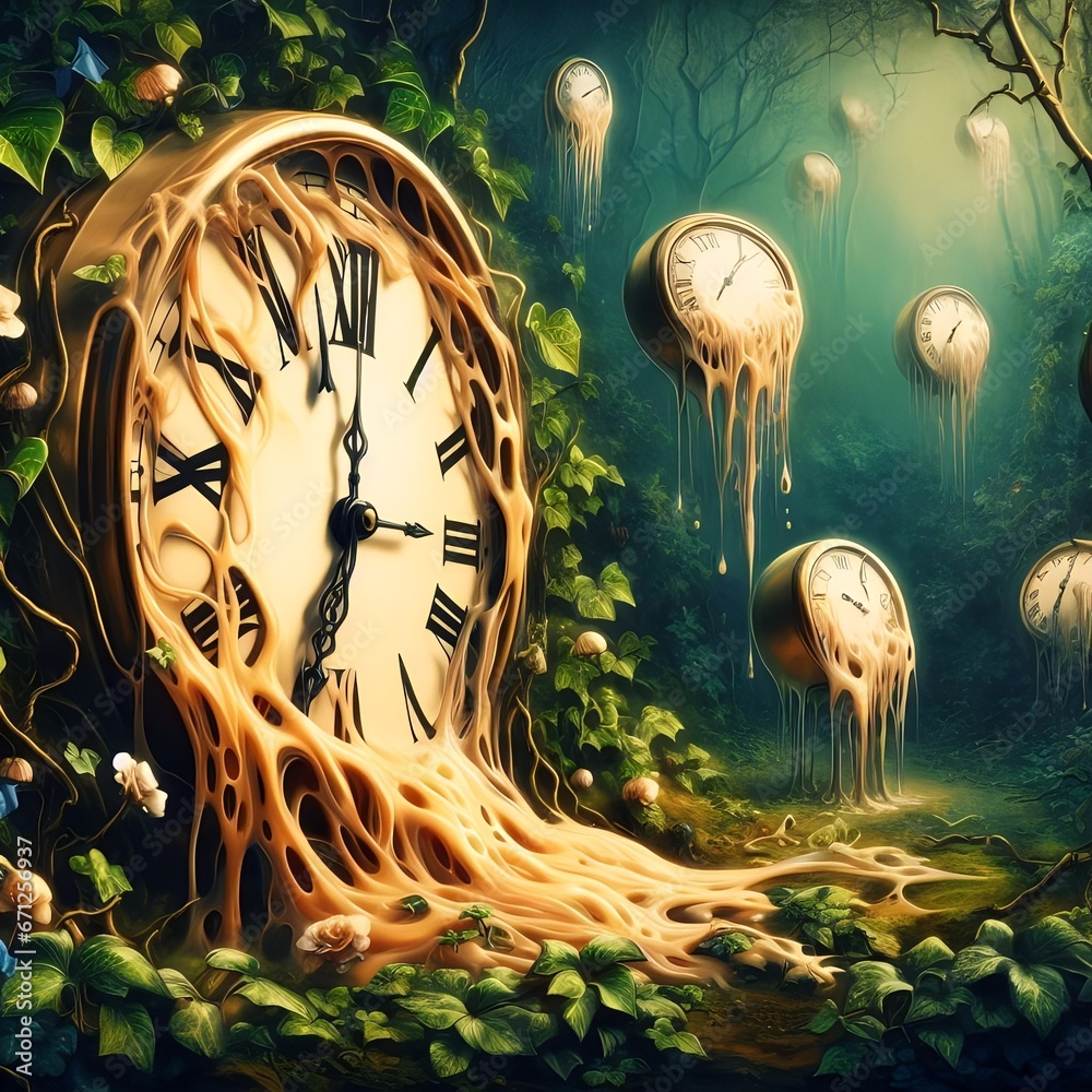 Fleeting time melting away, clocks in abatract style, AI generated ...