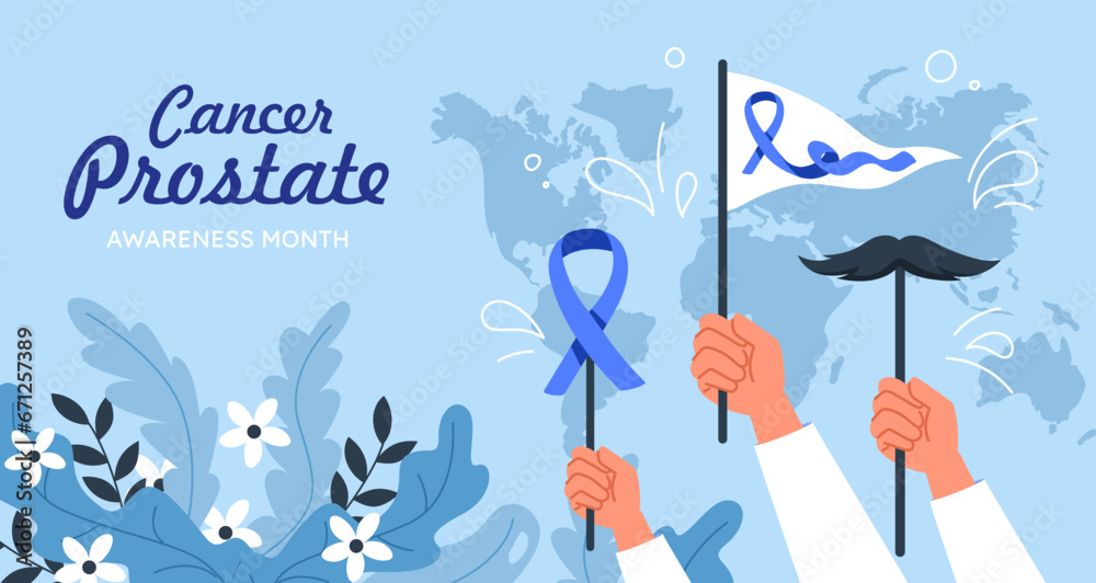Prostate cancer poster. Hands with blue ribbon and flags. Mont of ...