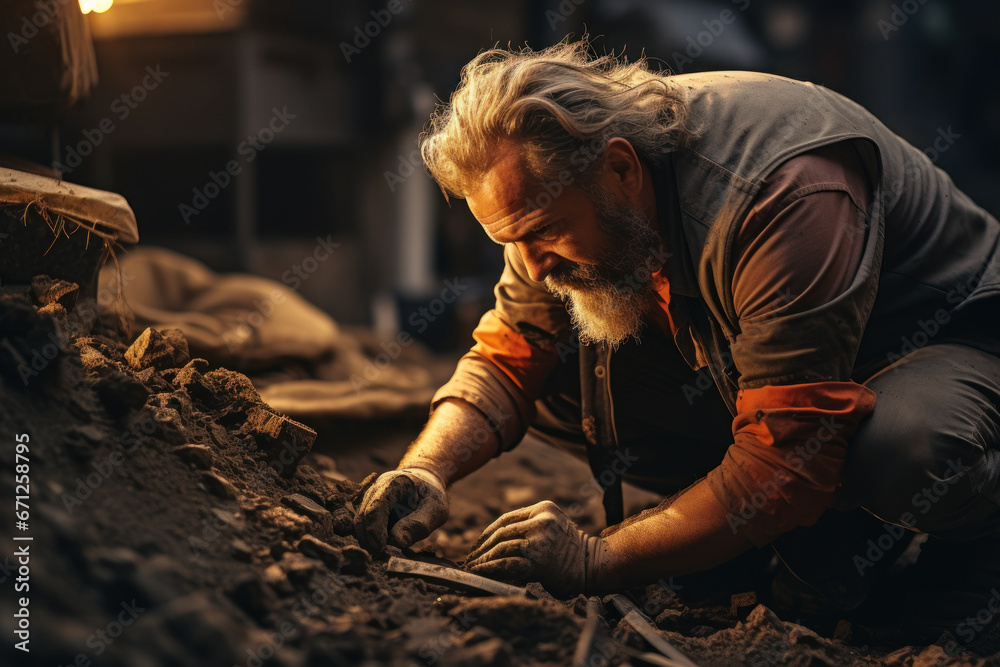 An experienced archaeologist carefully brushes away dirt to uncover ...