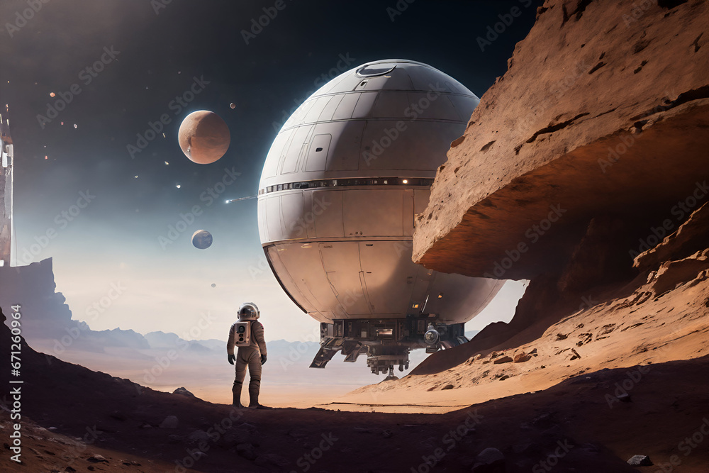 Arid planet surface, spherical space station and person in spacesuit ...