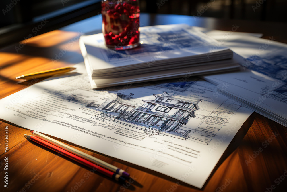 A stack of architectural blueprints, showcasing the vision and ...
