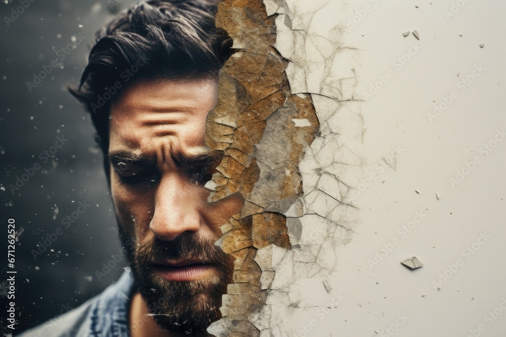 A man with a beard is seen peering through a small crack in a wall ...