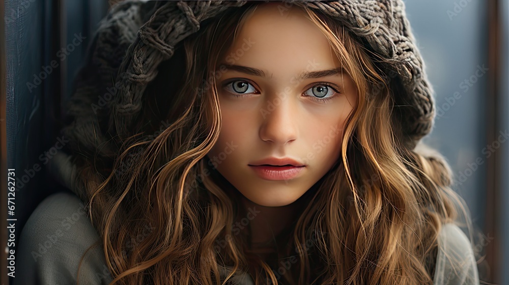 Crop close up portrait of serious sad little Caucasian girl look at ...