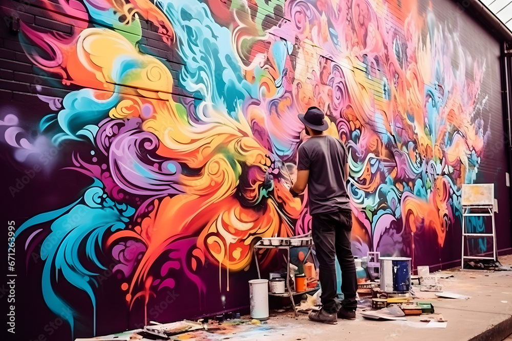 Street artist spray painting a vibrant mural adding life to an urban ...