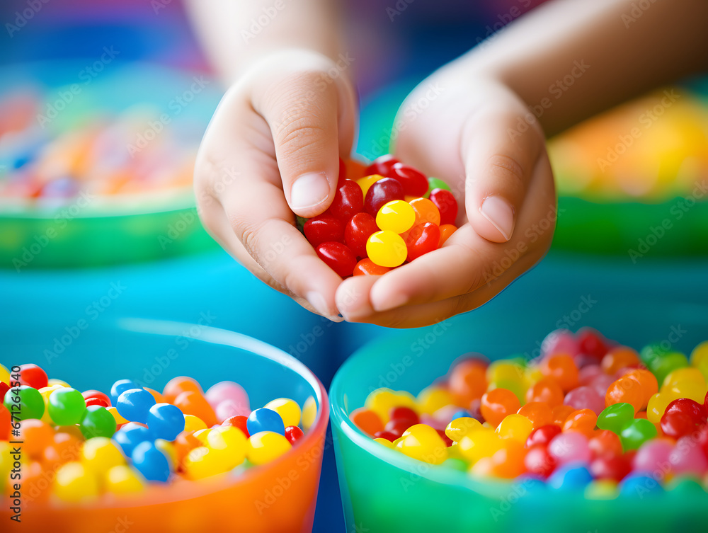Little hands reaching for candy in a rainbow-colored candy buffet ...