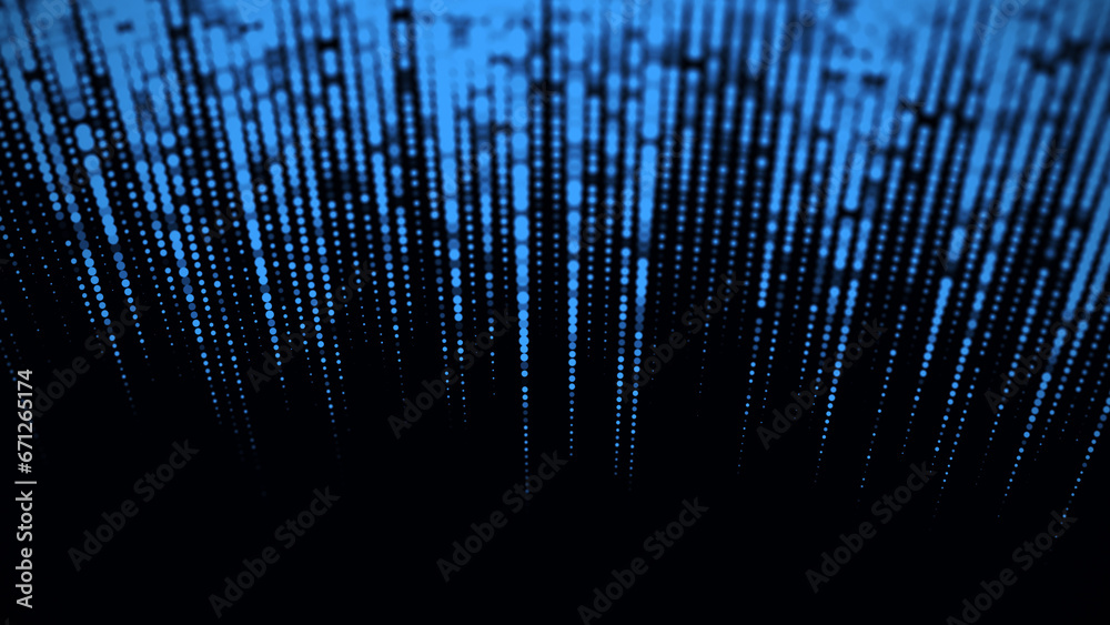 Digital matrix texture of halftone dots. Futuristic black background. Blue particle pattern or ...