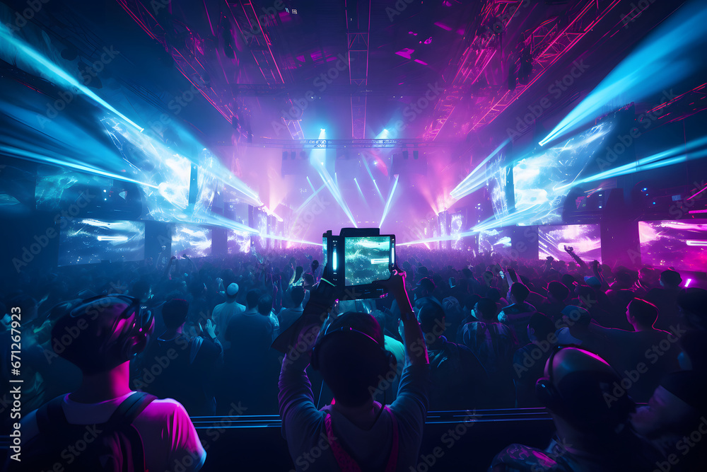 Gamers competing in a futuristic esports arena the crowd illuminated by ...