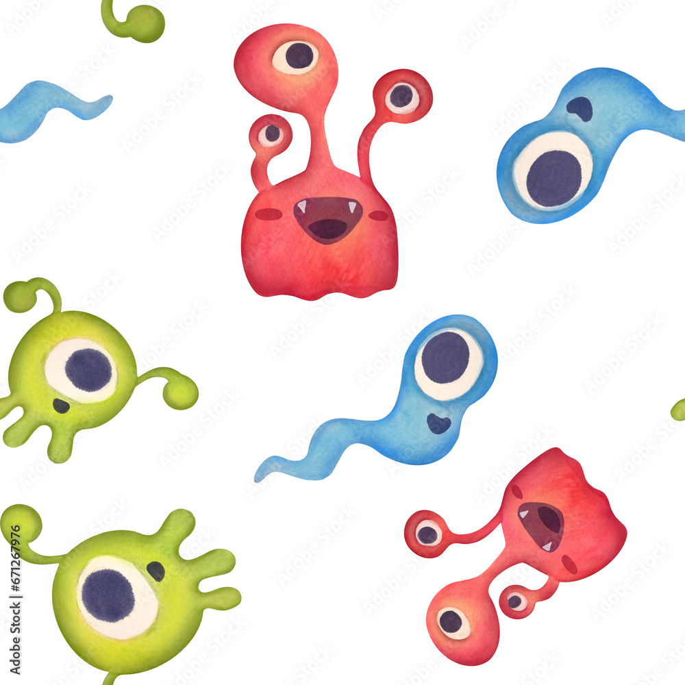 seamless pattern with watercolor baby characters similar to alien ...