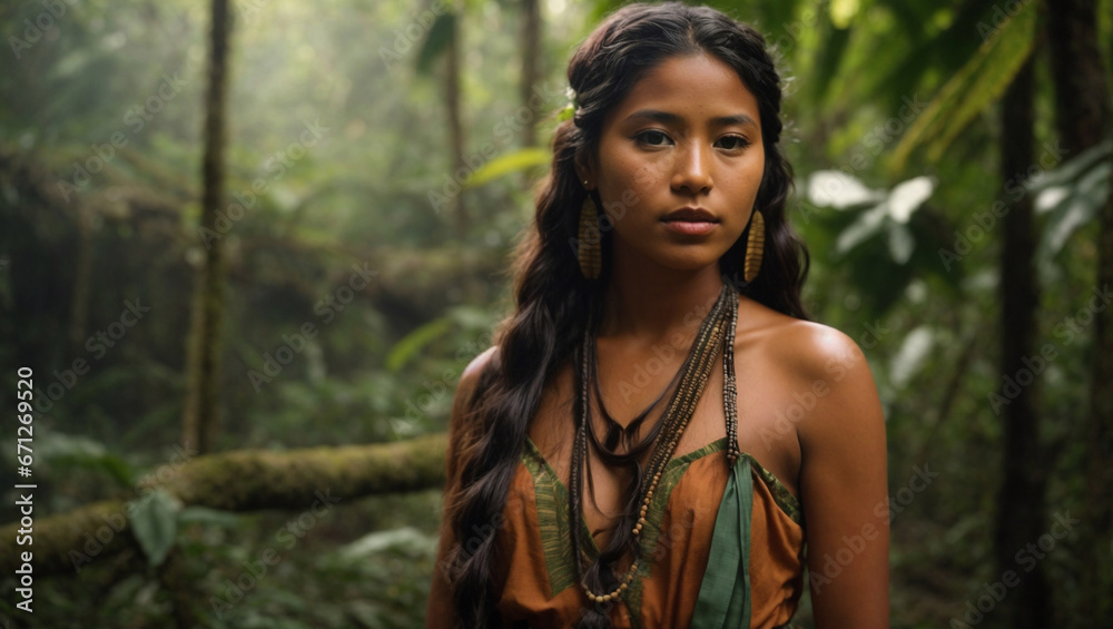 Bellissima ragazza originaria della foresta dell'Amazzonia posa per una foto con lo sfondo della ...