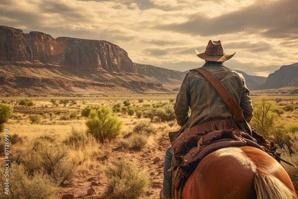 A classic image of a rugged cowboy riding through the breathtaking ...