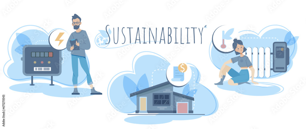 Sustainability and energy efficiency illustration set. Characters ...