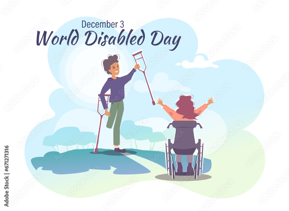 World Disabled Day. Cheerful characters with disabilities walk in park ...
