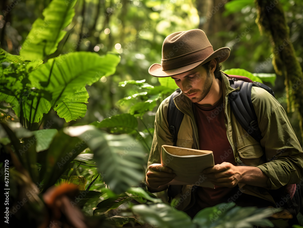 Botanist exploring a rainforest documenting exotic plant species. Stock ...
