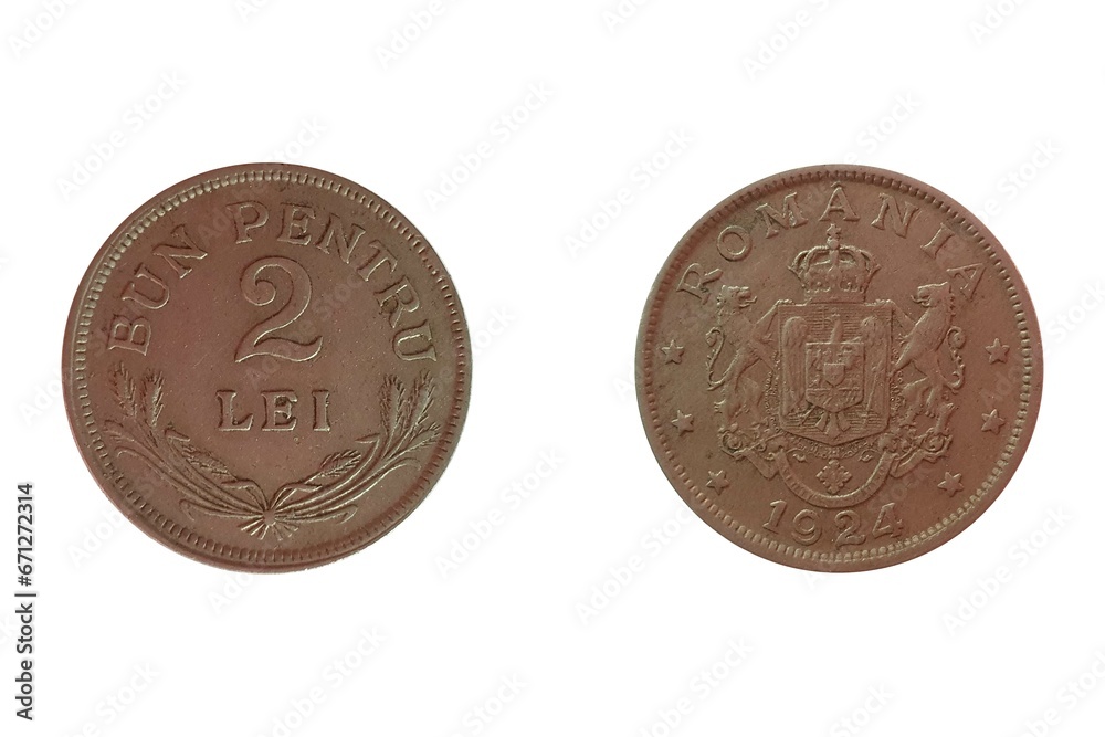 2 Lei 1924 Ferdinand I. Coin of Romania. Obverse Romanian coat of arms ...