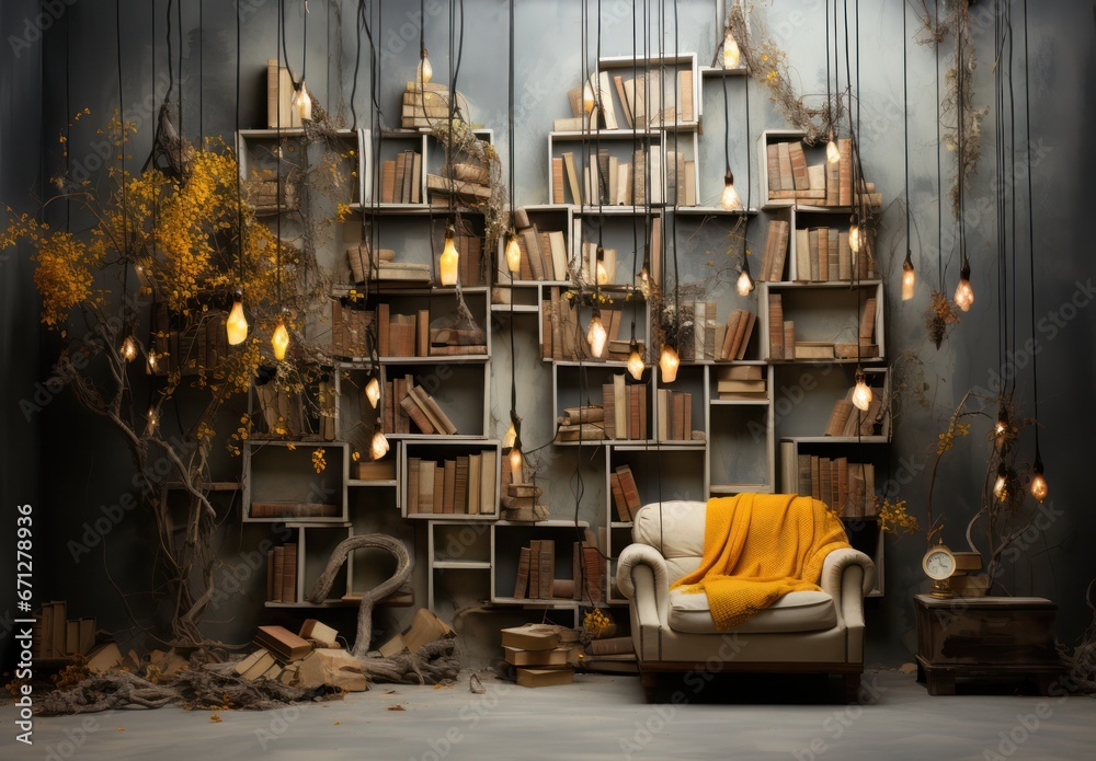 Step into an ethereal realm where old books hang suspended, creating a ...