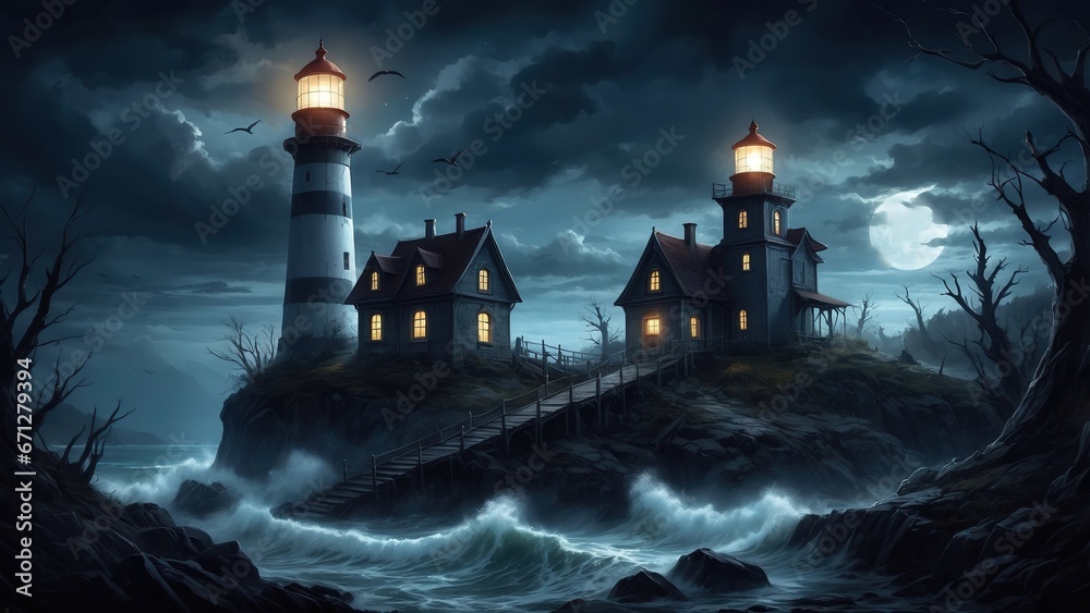 Fantasy lighthouse on a dark night. 4K - 8K - 12K TV. Generative AI ...