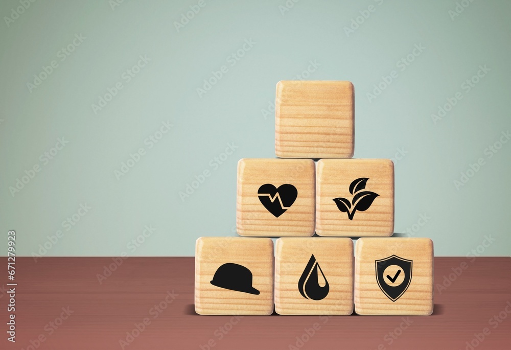 HSE concept. Work safety rules on wooden cubes Stock Photo | Adobe Stock