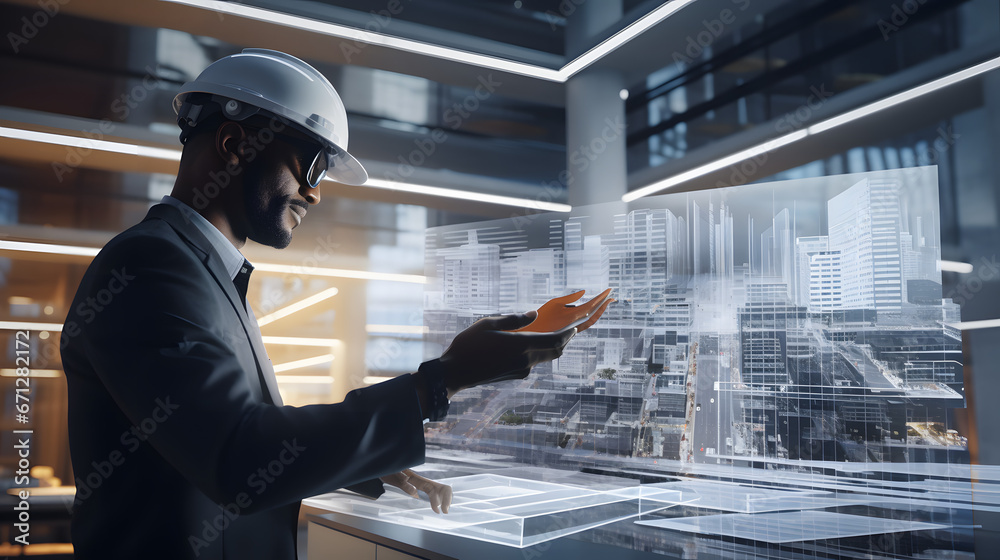Architect using VR to visualize and adjust a 3D building blueprint ... Architect using VR to visualize and adjust a 3D building blueprint ...