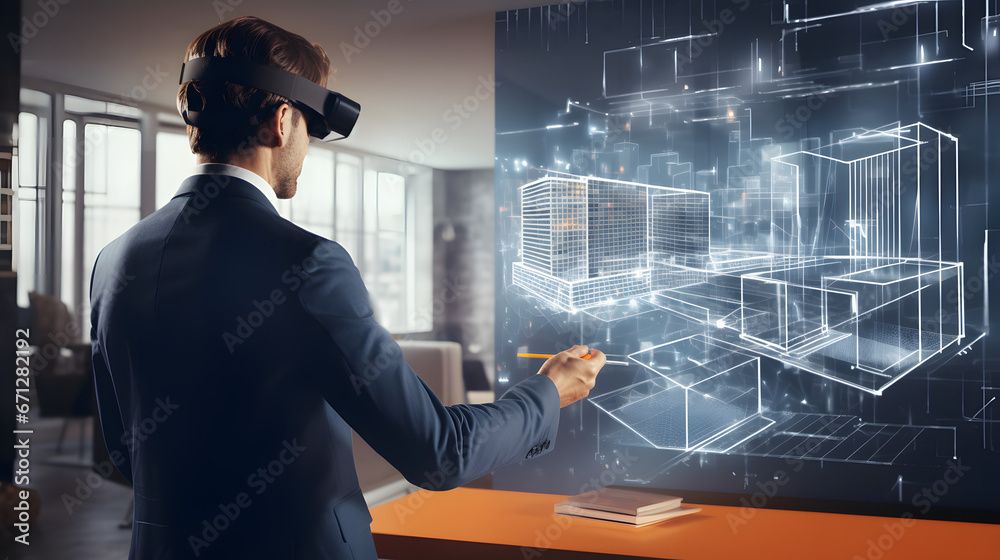 Architect using VR to visualize and adjust a 3D building blueprint ...