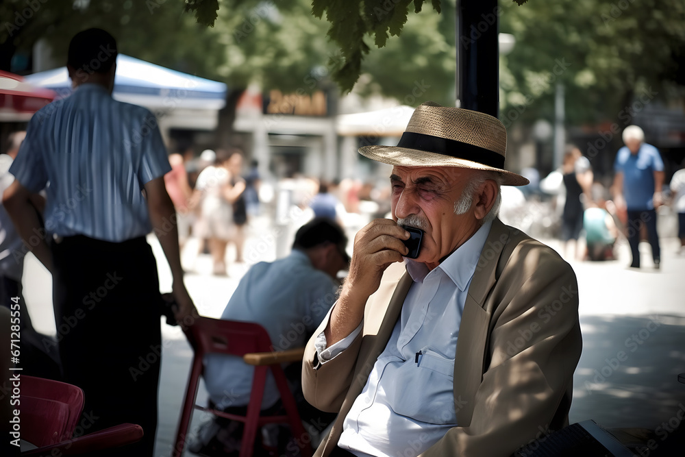 Elderly sad tired man on a city street in winter, real people every day ...