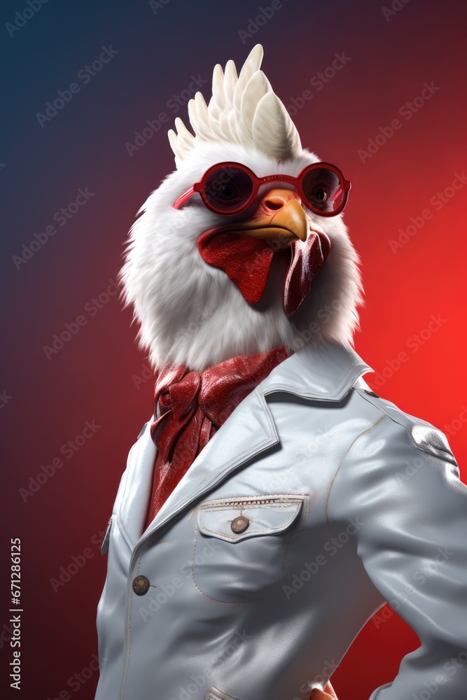 cartoon character cool rooster, chicken, wearing a leather jacket, sun ...