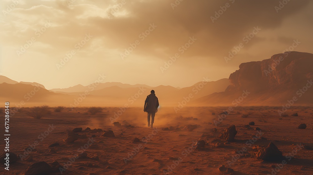 A cinematic scene, in the desert throw dust a man is walking, ultra ...