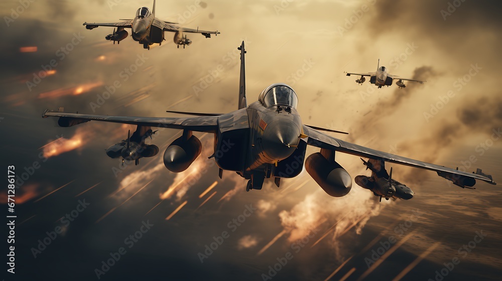 A cinematic scene, in the air figher jets are fighting, ultra realistic ...