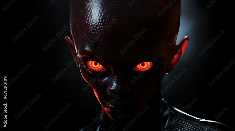 Sinister Evil looking Alien Demon Devil with Fiery Red Eyes. Alien with ...
