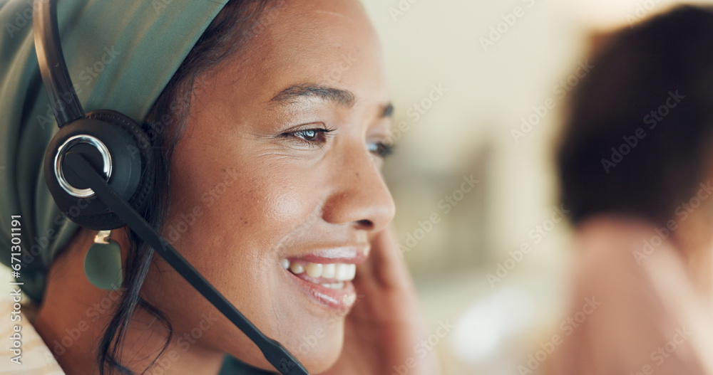 Telemarketing, black woman and smile closeup of contact us worker on a ...