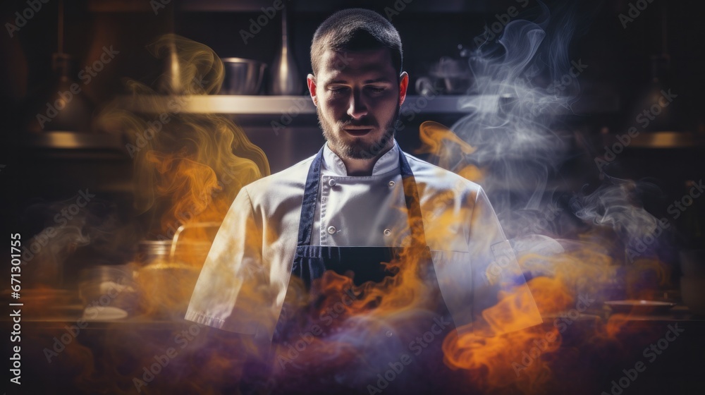 Double exposure photography of close up chef and the kitchen, sunset ...